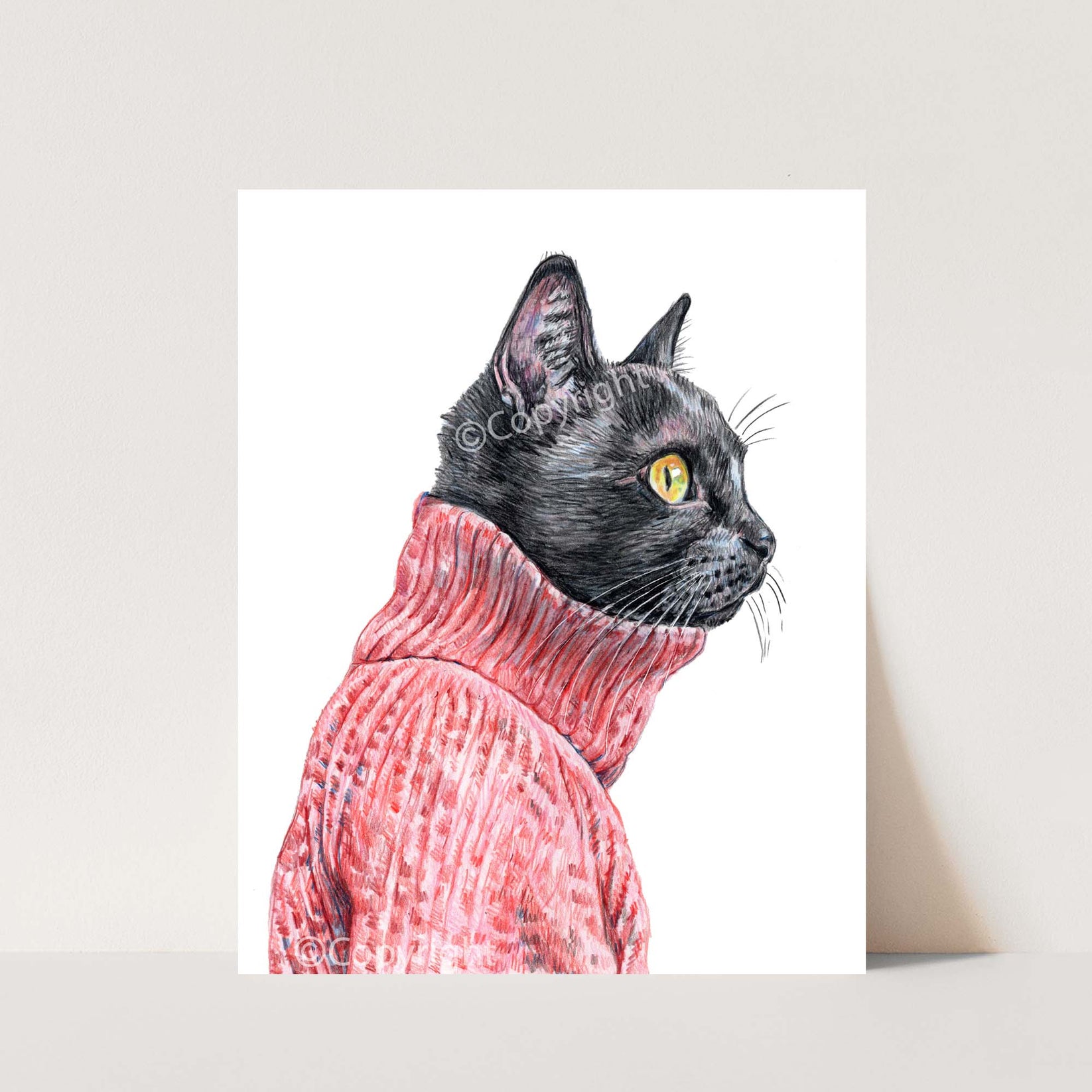 Turtle Cat Print of a Coloured Pencil Drawing of a Black Kitty Wearing ...